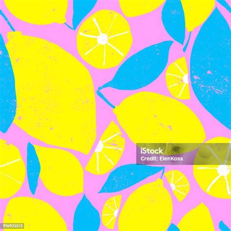 귀여운 밝고 재미 여름 완벽 한 패턴입니다 신선한 레몬 그래픽 도면입니다 현대적이 고 트렌디한 색상 핑크 노랑 파랑의 혼합 그런 지 텍스처 그림입니다 그런지 이미지 기법에