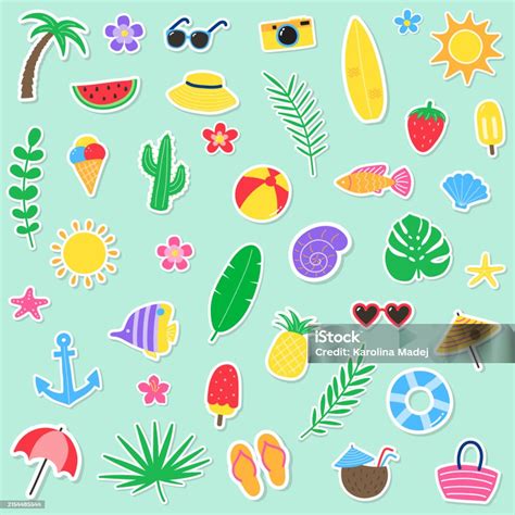 손으로 그린 귀여운 여름 아이콘 세트입니다 만화 휴일 스티커와 배경입니다 벡터 일러스트 레이 션 개체 그룹에 대한 스톡 벡터 아트 및 기타 이미지 Istock