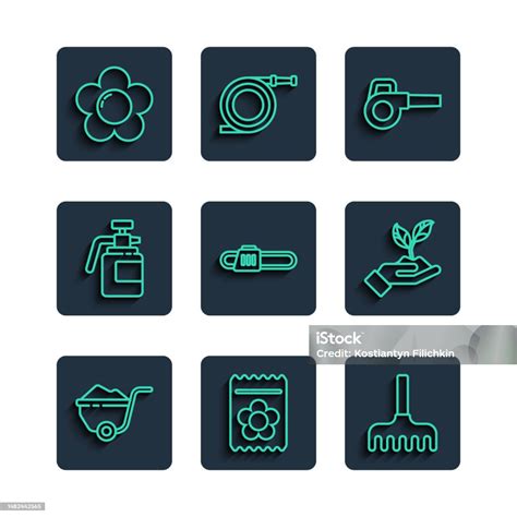 세트 라인 수레에 흙 식물의 씨앗으로 가득 찬 팩 정원 갈퀴 잎 정원 송풍기 전기 톱 비료 분무기 꽃과 식물 손 환경 아이콘 벡터 그림자에 대한 스톡 벡터 아트 및 기타