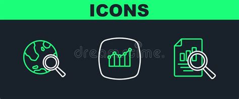 Set Line Document With Graph Chart Search Globe And Financial Growth Icon Vector Stock