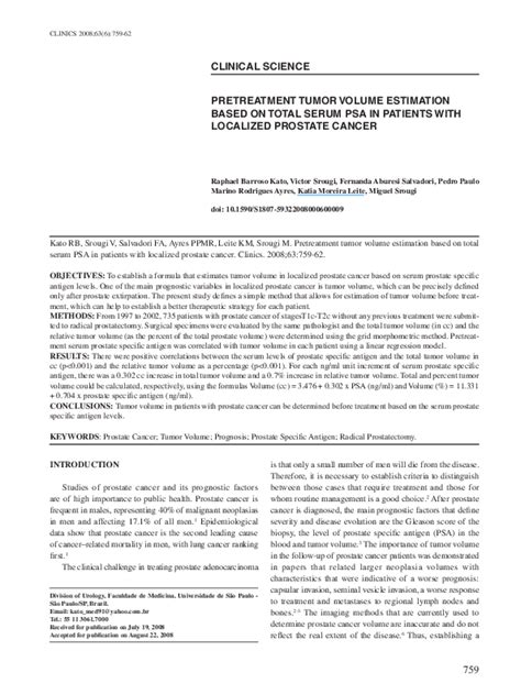 Pdf Pretreatment Tumor Volume Estimation Based On Total Serum Psa In