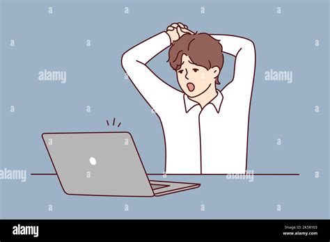 Tired Man Sit At Table Work On Computer Yawning Exhausted Male Overwhelmed With Laptop Job In