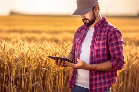 Premium AI Image Farmer Or Agronomist Crop Monitoring In A Wheat Field