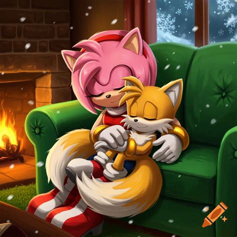 Amy Rose And Tails From Sonic The Hedgehog Cuddling On A Green Couch By A Fireplace As Snow