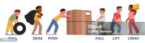 구르기 끌기 밀기 당기기 들어 올리기 물건 나르기 등 다양한 동작을 하는 아이들 개념에 대한 스톡 벡터 아트 및 기타 이미지 개념 건강한 생활방식 교습 Istock