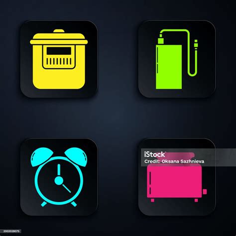 토스트가 있는 토스터 슬로우 쿠커 알람 시계 및 다른 충전 케이블이 있는 보조 배터리를 설정합니다 검은색 사각형 버튼입니다 벡터 검은색에 대한 스톡 벡터 아트 및 기타