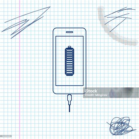 스마트 폰 배터리 충전 라인 스케치 아이콘흰색 배경에 격리 배터리 가 부족하고 Usb 연결이 있는 휴대폰 벡터 일러스트레이션 Usb 케이블에 대한 스톡 벡터 아트 및 기타