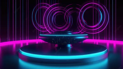 An Interactive Digital Spaceship Suspended By Neon Rings Background 3d