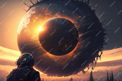 premium photo back view a man standing front of cyberpunk planet