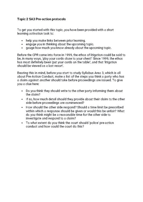 Topic 2 Sa3 Pre Action Protocols Topic 2 Sa3 Pre Action Protocols To Get You Started With This