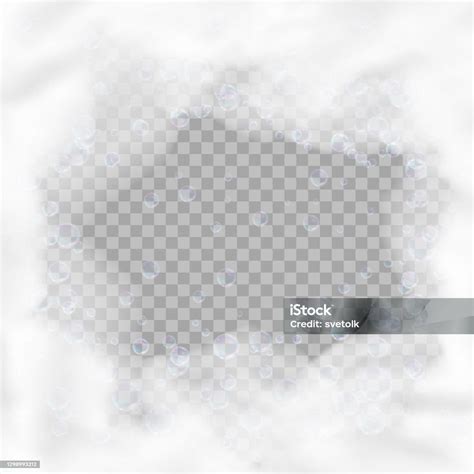 투명 한 배경에 고립 된 거품이있는 목욕 폼 사각형 프레임 사실적인 비누 거품 질감 샴푸 젤 또는 무스 시스 오버레이 효과의 벡터 일러스트 3차원 형태에 대한 스톡 벡터