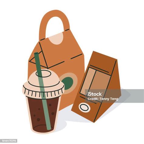 음식 배달 종이 포장 일회용 종이 봉지 테이크 아웃 골판지 패스트 푸드 배달 용기 상자 및 플라스틱 컵 평면 벡터 그림 재활용에 대한 스톡 벡터 아트 및 기타 이미지