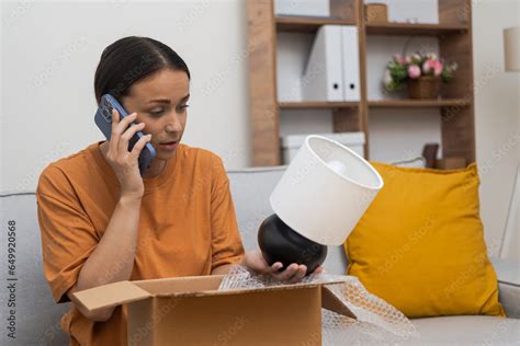 Confused Woman Receive Wrong Package Disappointment Reaction Talking With Customer Support