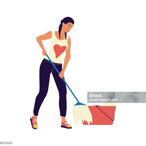 걸레로 바닥을 청소하는 여성 만화 여성 캐릭터 걸레질 브러시와 양동이가있는 고립 된 소녀 세탁실 메이드 직업 일상적인 집안일을 하는 클리너 벡터 하우스키핑 바닥재에 대한