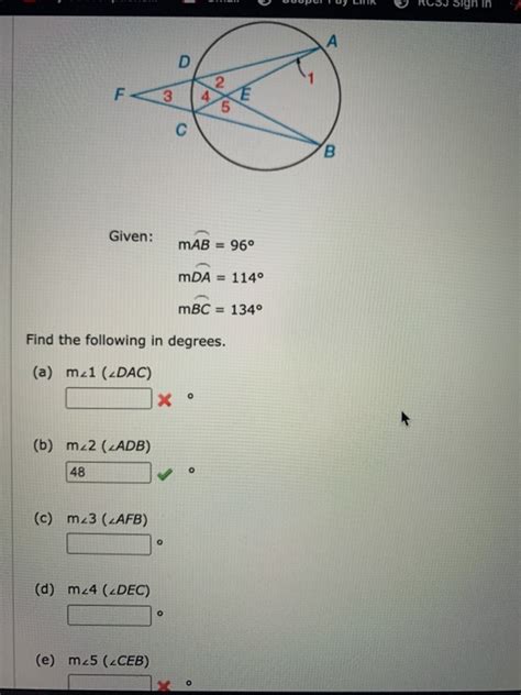 solved sign in А d 2 3 4 e 5 С b given mab 96° mda 1140
