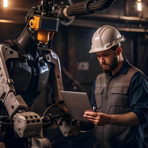 A Futuristic Industrial Robot Stands Beside A Human Worker Highlighting The Synergy Between Man