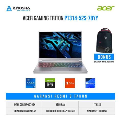 Jual Acer Predator Triton 300s Pt314 52s 78yy Core I7 12700h 16gb 1tb Ssd 14 Rtx 3060 6gb W11