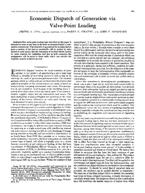 Pdf Economic Dispatch Of Generation Via Valve Point Loading