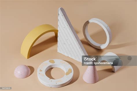 파스텔 배경에 기하학적 인 콘크리트 그림과 돌 다양한 재료와 기하학적 모양으로 현대적인 세트 개념에 대한 스톡 사진 및 기타 이미지 Istock