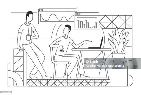 회사 판매 분석 씬 벡터 일러스트레이션 차트와 그래프를 분석하는 사무실 작업자는 흰색 배경의 문자를 간략하게 설명합니다 간단한 스타일 드로잉을 공동 작업하는 비즈니스 분석가