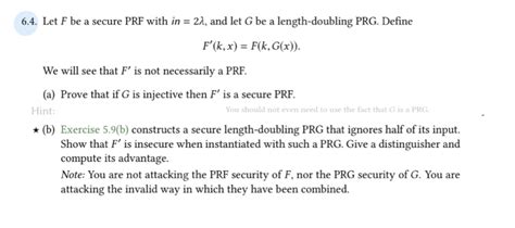 solved 6 4 ﻿let f ﻿be a secure prf with in 2λ ﻿and let g