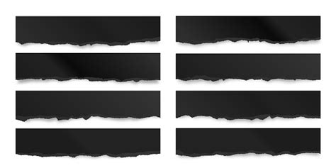 흰색 배경에 격리된 찢어진 검은색 종이 스트립 가장자리가 찢어진 현실적인 구겨진 종이 조각 노트북 페이지 조각 벡터 그림입니다