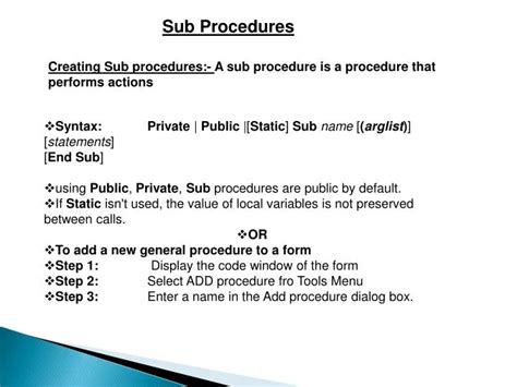 Ppt Sub Procedures Powerpoint Presentation Free Download Id2467466