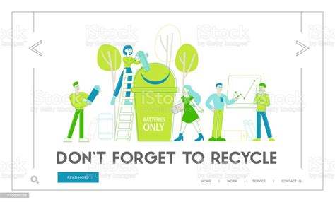 배터리 재활용 방문 페이지 템플릿 사람 문자 는 컨테이너에 배터리 쓰레기를 넣어 쓰레기의 처리 생태 환경 보존 성장 화살표