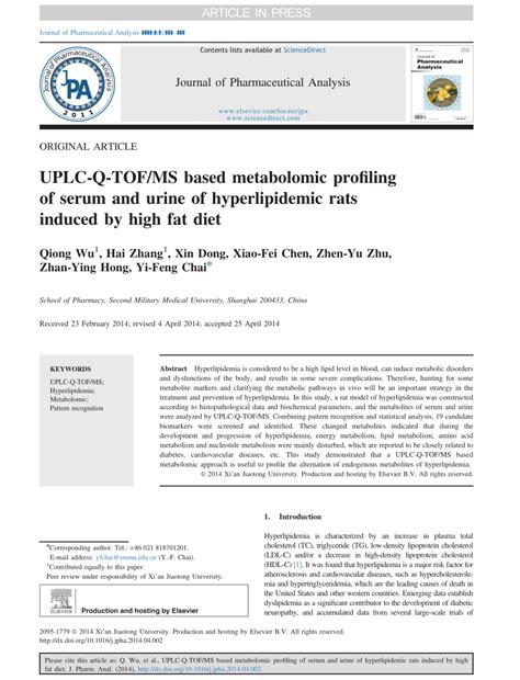Pdf Uplc Q Tofms Based Metabolomic Profiling Of Serum And Urine Of Hyperlipidemia Rats