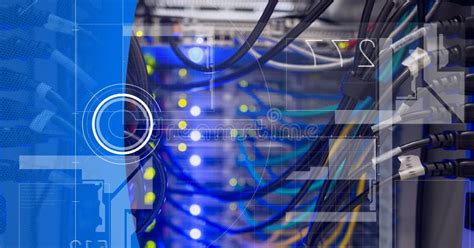 Round Scanner And Data Processing Over Computer Server Against Blue Technology Background Stock