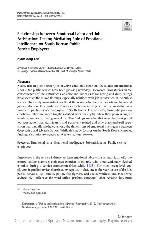 Relationship Between Emotional Labor And Job Satisfaction Testing Mediating Role Of Emotional