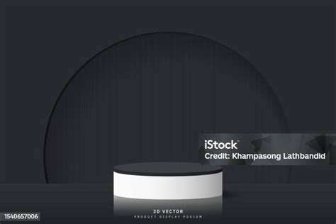 흰색 검정색 3d 실린더 연단 받침대는 반원 문 배경 앞에 현실적으로 배치됩니다 모형 또는 제품 프레젠테이션 쇼케이스를 위한 최소한의 장면 3d 벡터 기하학적 형태 디자인