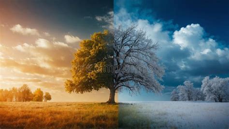 Split Image Tree With Contrasting Seasons Against Dramatic Sky Conceptual Art For