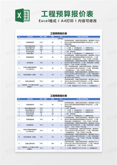 蓝色简约工程预算报价表excel模板下载 熊猫办公
