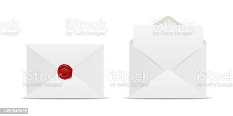 벡터 현실적인 흰색 닫힌 봉투 빨간 왁스 씰과 열린 봉투 안에 편지 접히고 펼쳐진 흰색 봉투 아이콘 세트가 격리되어 있습니다 메시지 경고 놀람 비밀 개념 0명에 대한 스톡