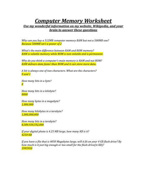 computer memory worksheet why do you think a computer s main memory is ram and not rom ram