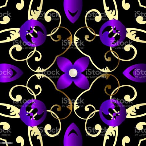 플로럴 3d 매끄러운 패턴 장식 보석 배경 벡터 배경을 반복합니다 빈티지 바로크 스타일의 장식 보라색 꽃 금선 모양 잎 3d