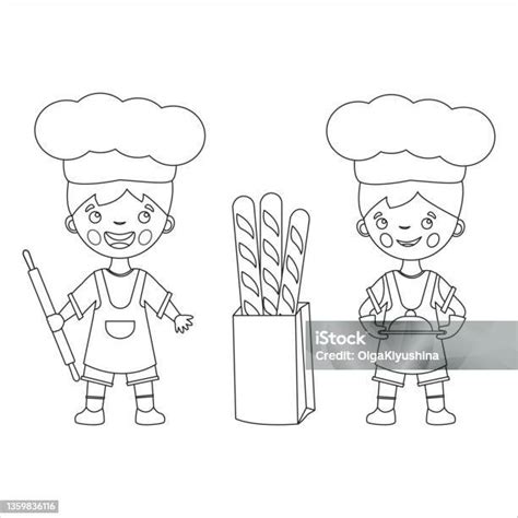 접시 롤링 핀 바게트로 만화 트위스트를 착색 앞치마와 요리사의 모자를 쓰고 있는 작은 요리사 직업 어린이를위한 색칠 공부책 벡터 일러스트레이션 아이에 대한 스톡 벡터 아트
