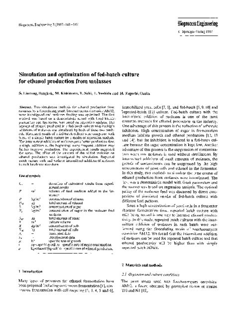 Pdf Simulation And Optimization Of Fed Batch Culture For Ethanol Production From Molasses