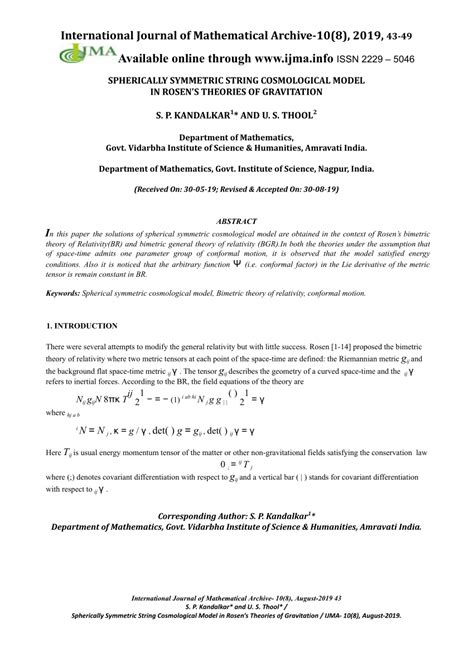 Pdf Spherically Symmetric String Cosmological Model In Rosens Theories Of Gravitation