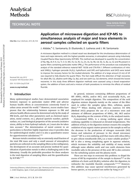 Pdf Application Of Microwave Digestion And Icp Ms To Simultaneous Analysis Of Major And Trace
