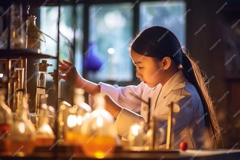Premium Ai Image An Asian Girl Conducting A Chemistry Experiment In A