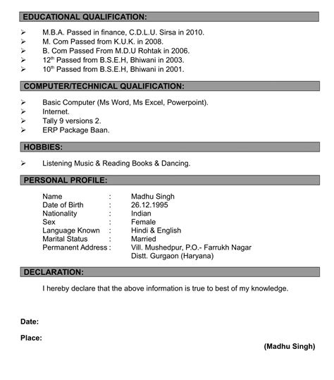 Cv Declaration Format Cv Format Word Free Free Online Resume Writing Samples Resume Format For