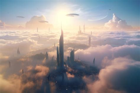 Premium Ai Image Future City Clouds Fog Sky Tower