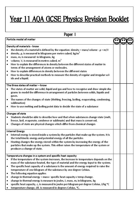 AQA Year Physics Revision Checklist Year AQA GCSE Physics Revision Booklet Paper