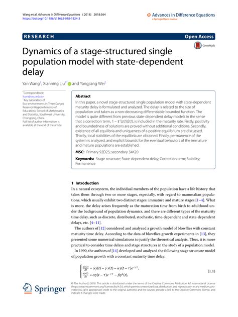 Pdf Dynamics Of A Stage Structured Single Population Model With State Dependent Delay