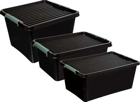 Set Van 3x Opbergbakken Met Deksel Kunststof Zwart