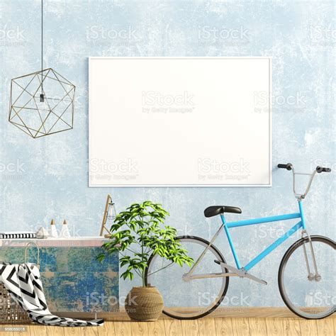 현대 인테리어 선반 공장 및 자전거입니다 포스터를 모의입니다 3 차원 일러스트 레이 션 사이드보드에 대한 스톡 사진 및 기타 이미지 Istock
