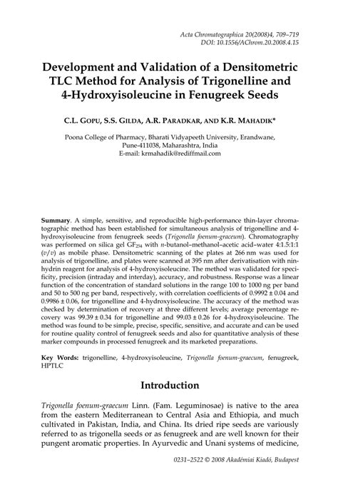 Pdf Development And Validation Of A Densitometric Tlc Method For Analysis Of Trigonelline And