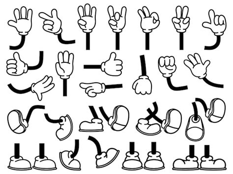 빈티지 만화 손은 장갑을 끼고 발은 신발을 신고 있습니다 귀여운 애니메이션 캐릭터 신체 부위 만화 팔 제스처와 걷는 다리